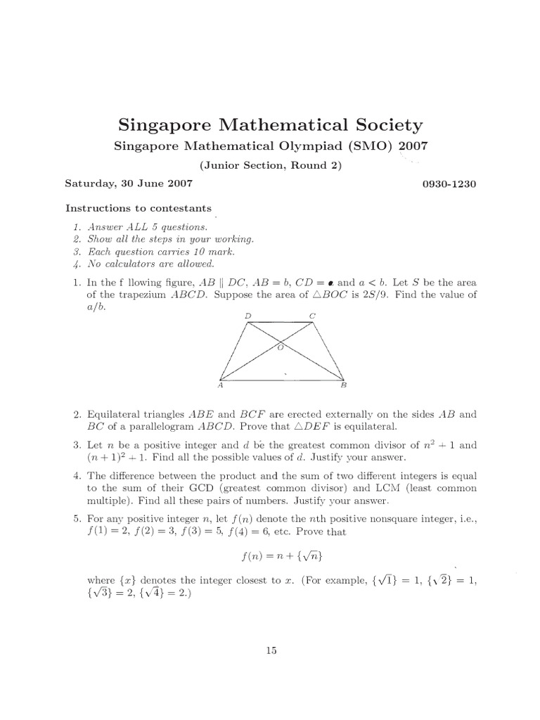 Junior Section - Round 2 - SMO Singapore Mathematical Olympiad 2007 | PDF