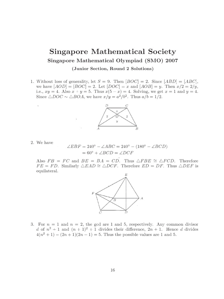 Junior Section - Round 2 Solutions - SMO Singapore Mathematical Olympiad 2007 | PDF