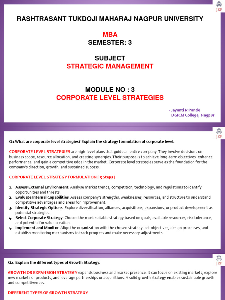 SM Mod 3 (Mba Sem 3) | PDF | Strategic Management | Diversification ...
