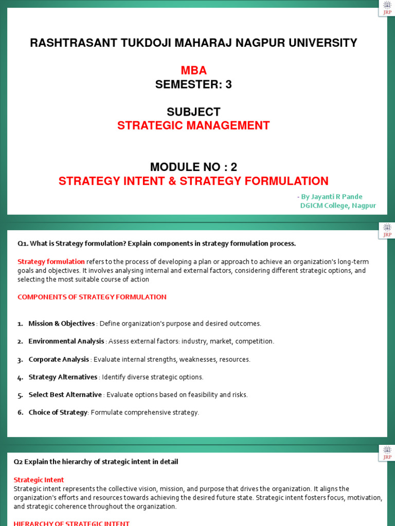 SM Mod 2 (MBA Sem 3) (1) | PDF | Goal | Strategic Management