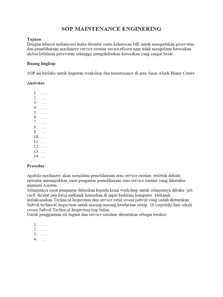 Sop Maintenance Enginering | PDF