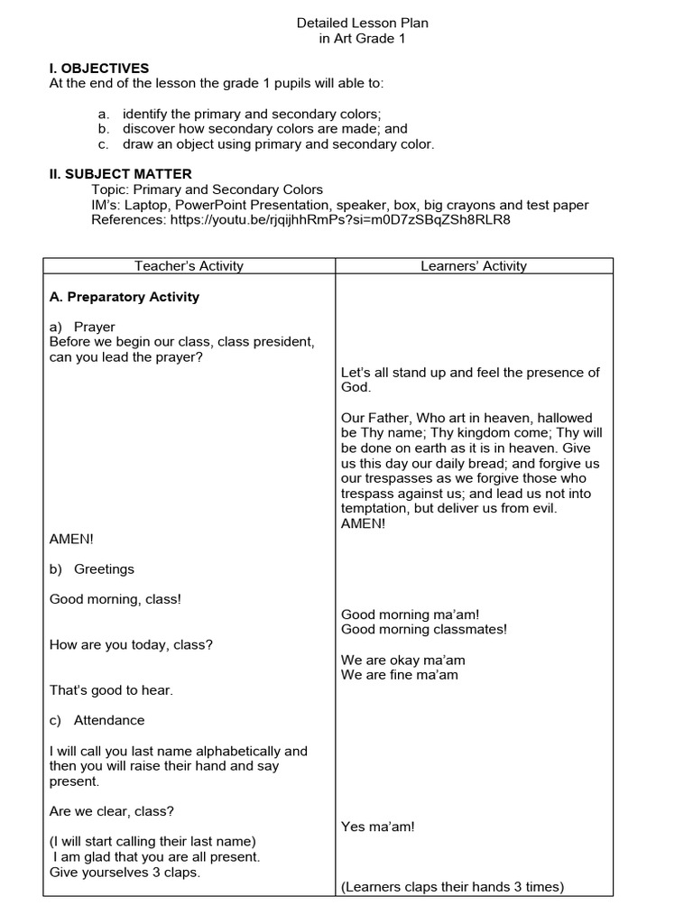 Detailed Lesson Plan | PDF | Color | Lord's Prayer