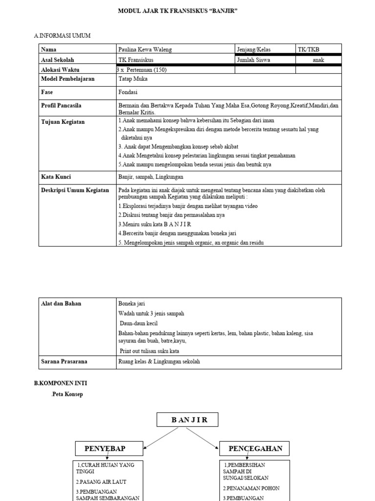 MODUL AJAR TK FRANSISKUS 2 Banjir | PDF
