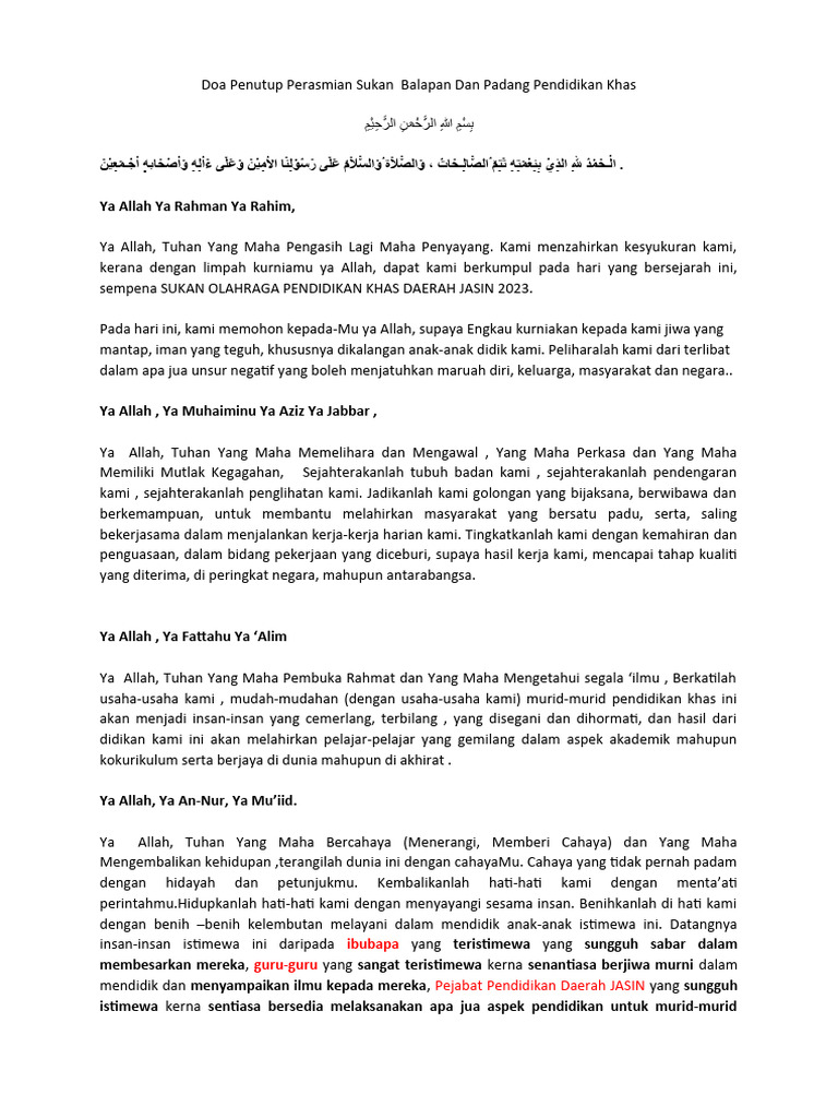 Doa Penutup Perasmian Sukan Balapan Dan Padang Pendidikan Khas | PDF
