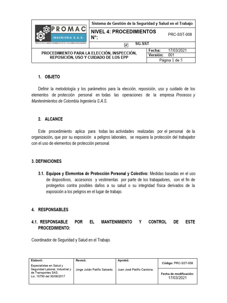 PRC-SST-008 Procedimiento para La Elecci+ N, Inspecci+ N, Reposici+ N, Uso y Cuidado de Los EPP ...