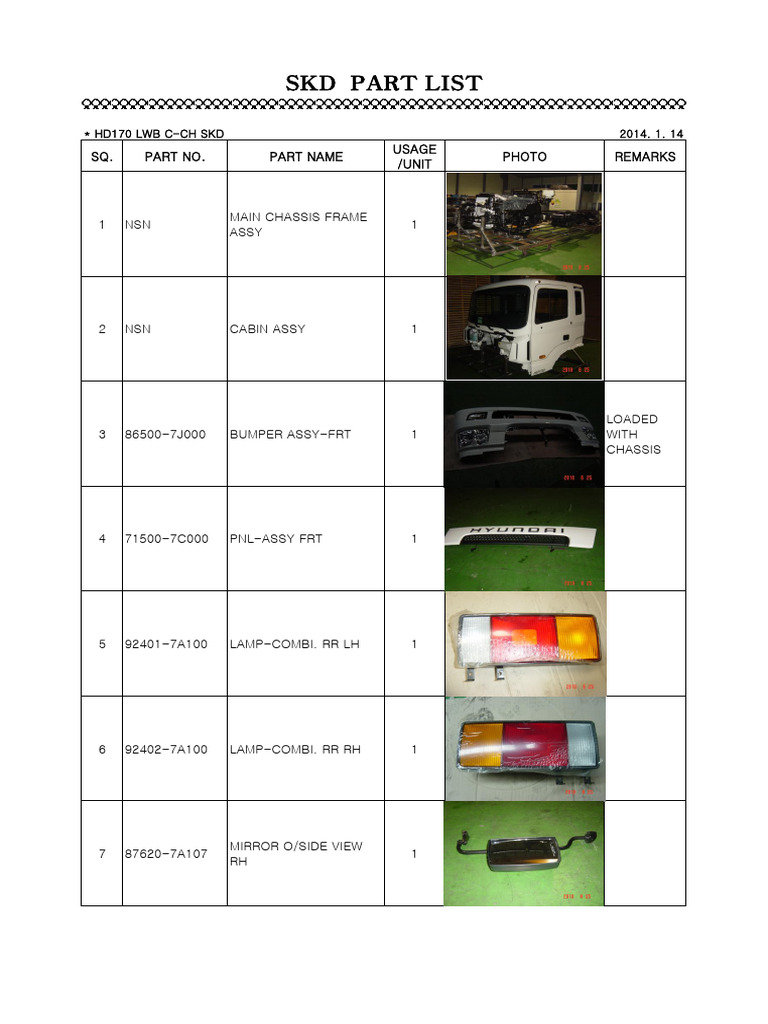 2) SKD Part List of HD170, HD260, HD270, HD500 | PDF | Truck | Wheel