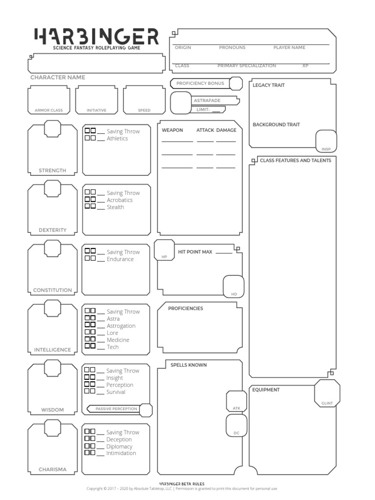 Harbinger - Character Sheet | PDF | Interactivity | Leisure Activities