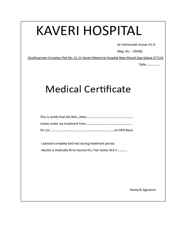 Kaveri Hospital: Medical Certificate | PDF