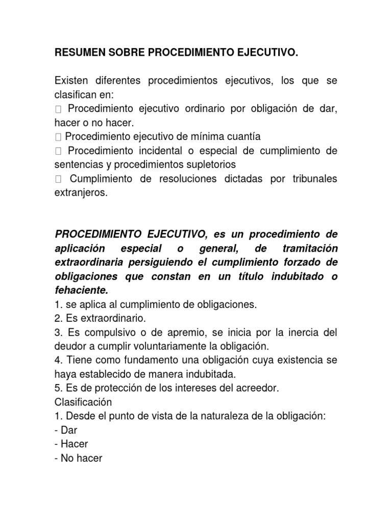 Resumen Sobre Procedimiento Ejecutivo | PDF | Sentencia (ley) | Pagaré