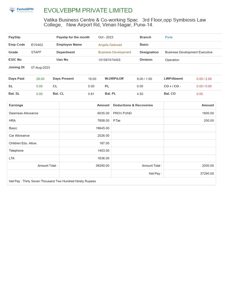 Payslip EV0402 October - 2023 | PDF