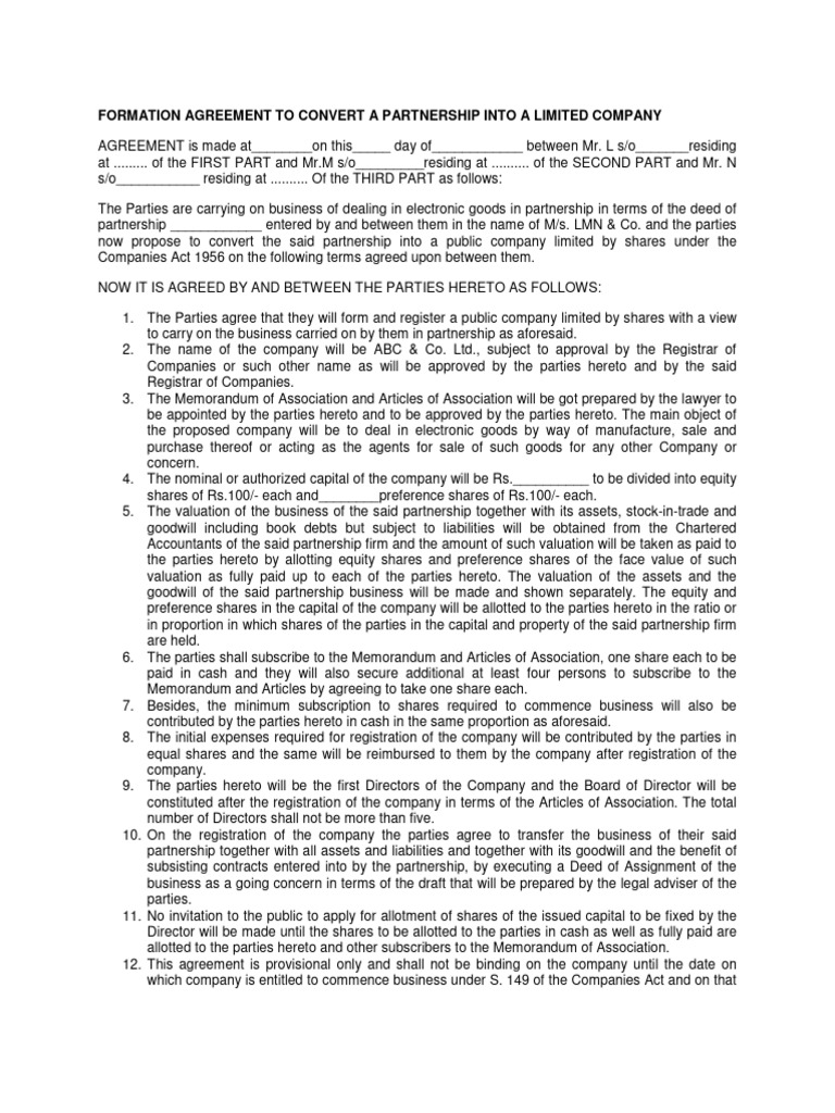 Formation Agreement To Convert A Partnership Into A Limited Company ...