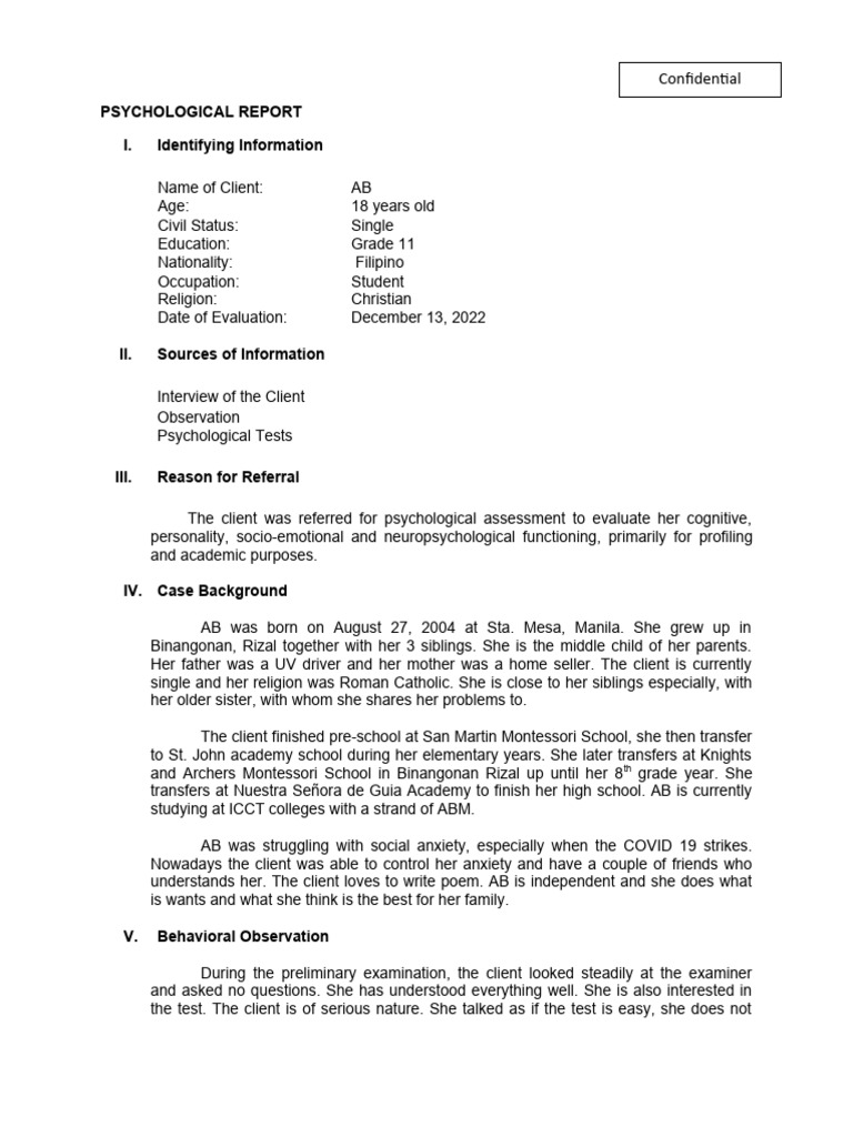 Ab Psychological Report 1 | PDF | Major Depressive Disorder | Anxiety