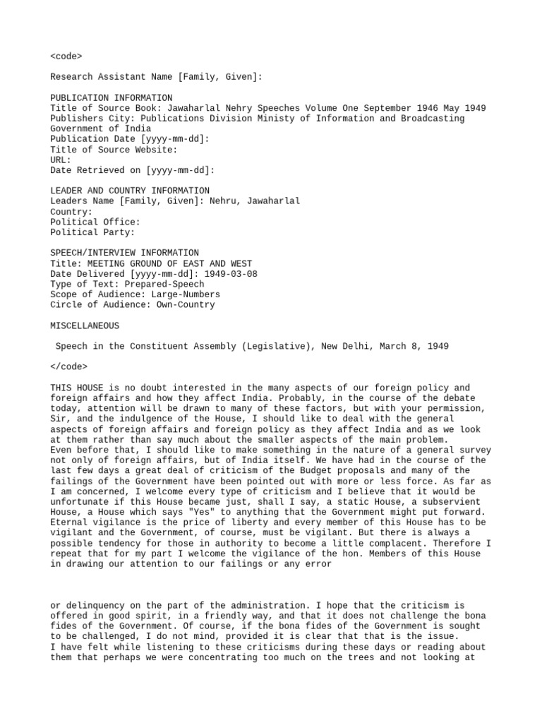 Nehru's 1949 Speech on Foreign Policy | PDF | Asia | Diplomatic Mission