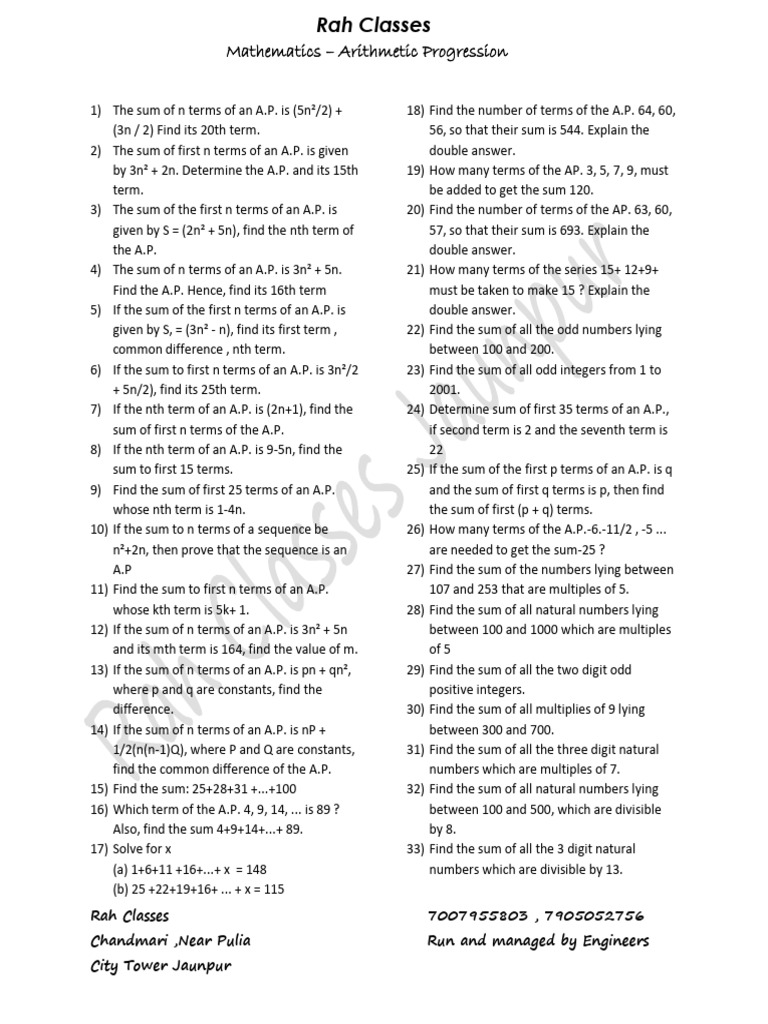 Class 10 Arithmetic Progression Questions | PDF | Numbers | Number Theory