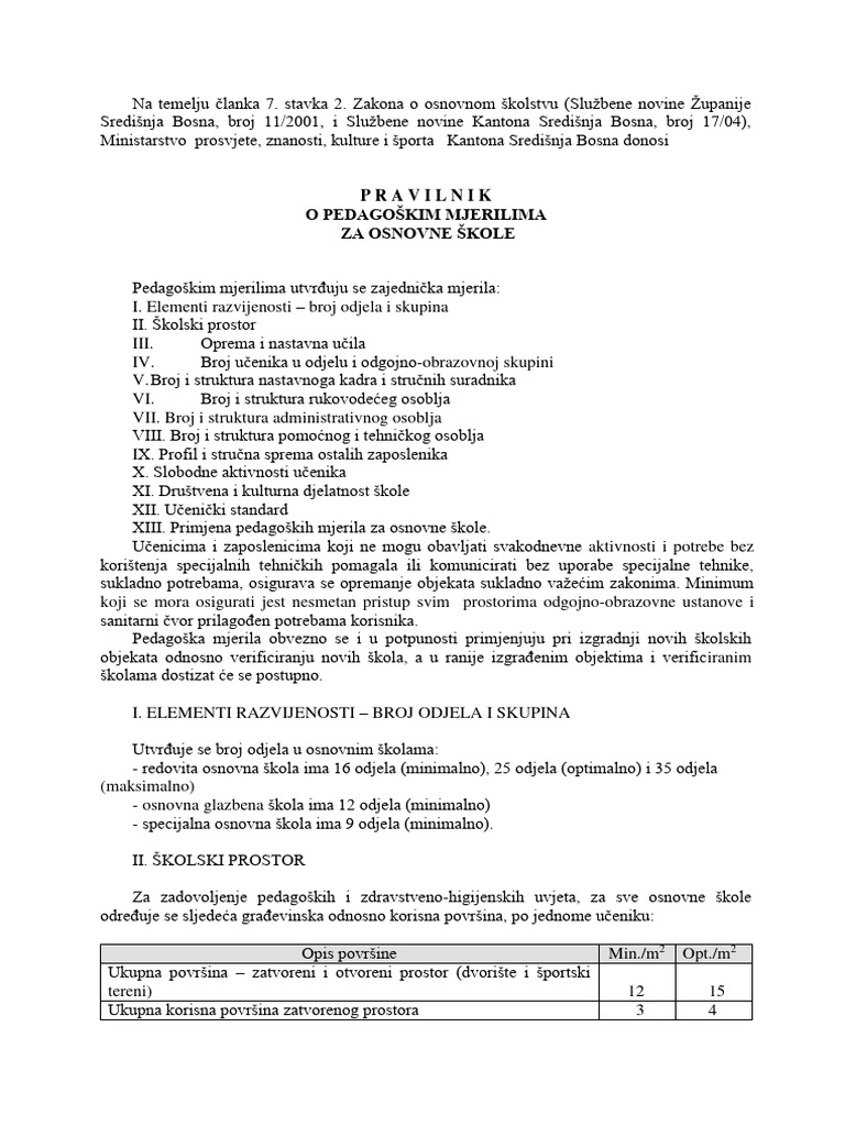 Pravilnik o Pedagoškim Mjerilima Za Osnovne Škole | PDF