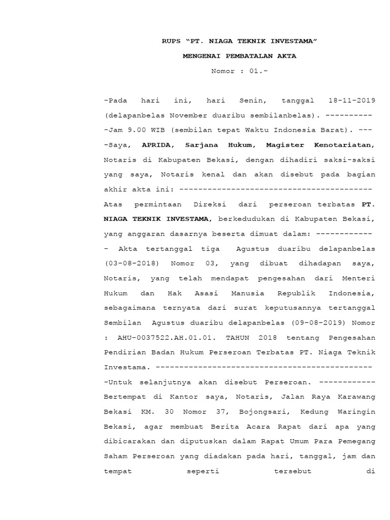 Pembatalan Keputusan RUPS PT. Niaga | PDF