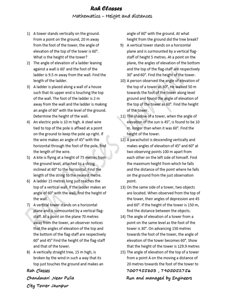 Class 10 Maths Height and Distance | PDF | Angle | Ladder