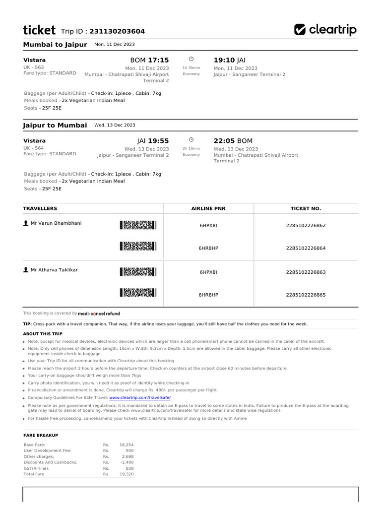 Cleartrip Flight E-Ticket | PDF | Baggage | Transport