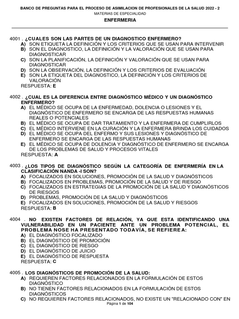 Banco Preguntas Asimilacion Profesionales ENFERMER 231215 085133 | PDF | Enfermería ...