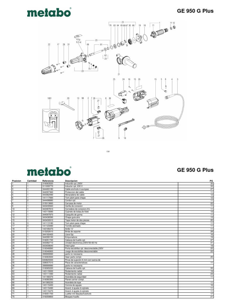 GE 950 G Plus Amoladora Partes y Piezas | PDF | Herramientas ...