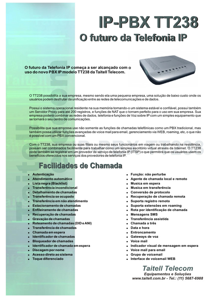 Catálogo IP-PBX TT238 | PDF | Voz sobre IP (VoIP) | Telefonia