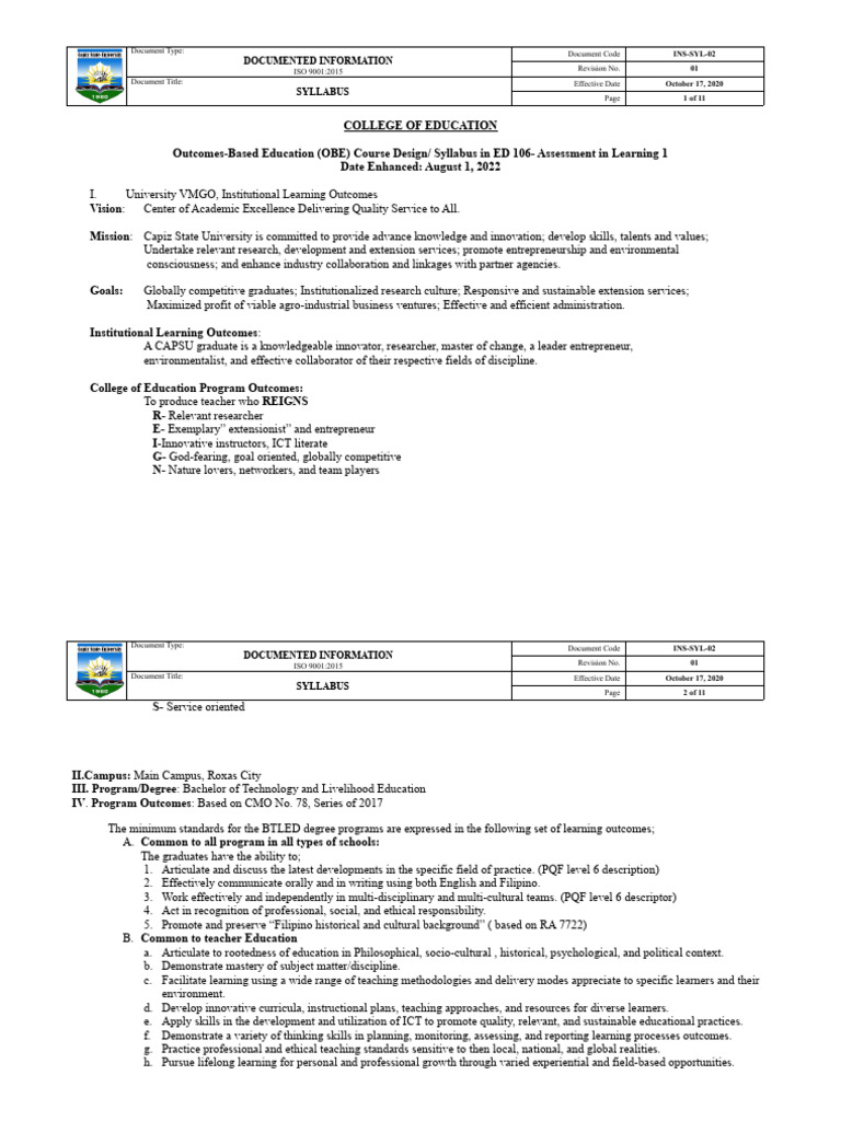 Syllabus for Assessment in Learning 1 | PDF | Educational Assessment ...