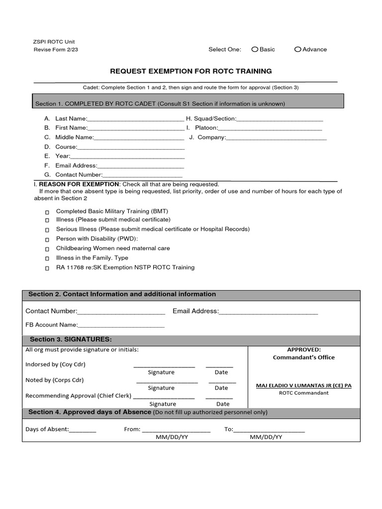 Request For Exemtion For Training Form | PDF | Military | Military Science