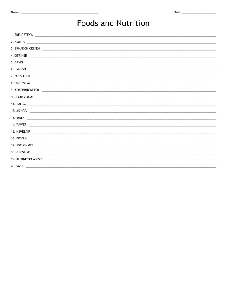 Foods - and - Nutrition Word Scramble-1 | PDF