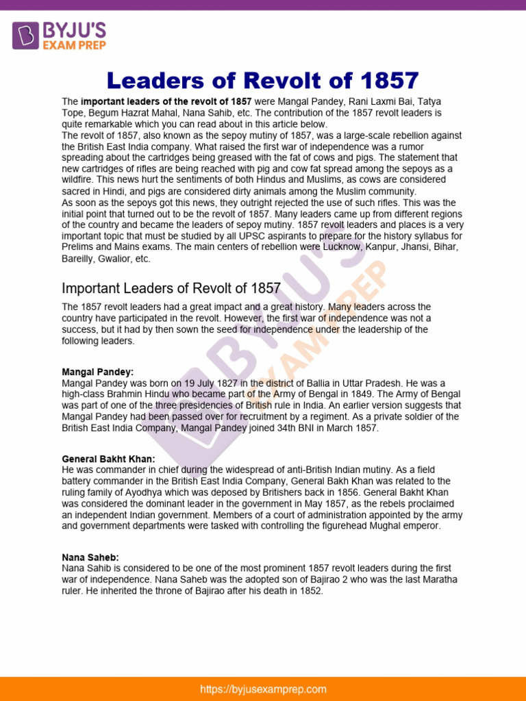 Leaders of Revolt of 1857 Upsc Notes 81 | PDF | Indian Rebellion Of ...
