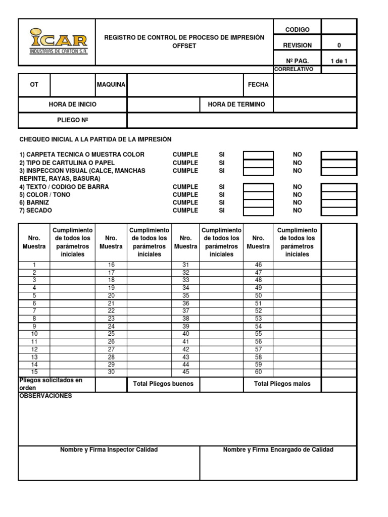 Registro de Control de Proceso de Impresión Offset | PDF