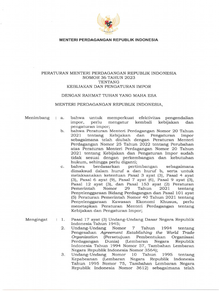 Permendag Nomor 36 Tahun 2023 Tentang Kebijakan Dan Pengaturan Impor | PDF