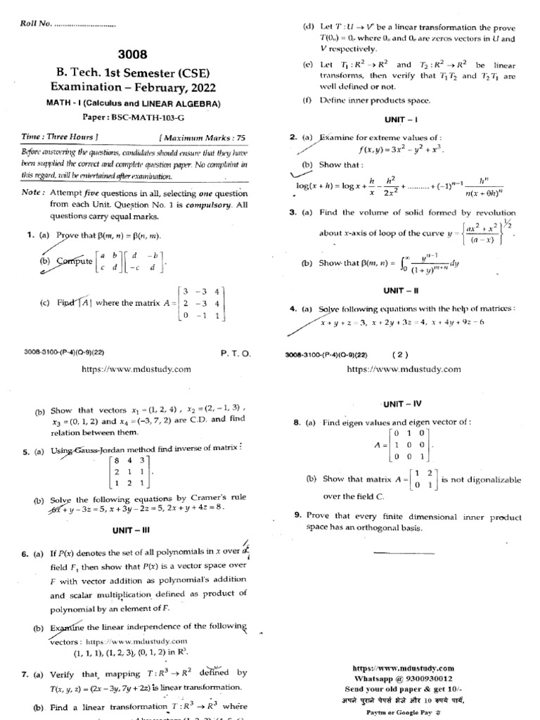 Btech 1 Sem Calculus and Linear Algebra 3008 Feb 2022 | PDF