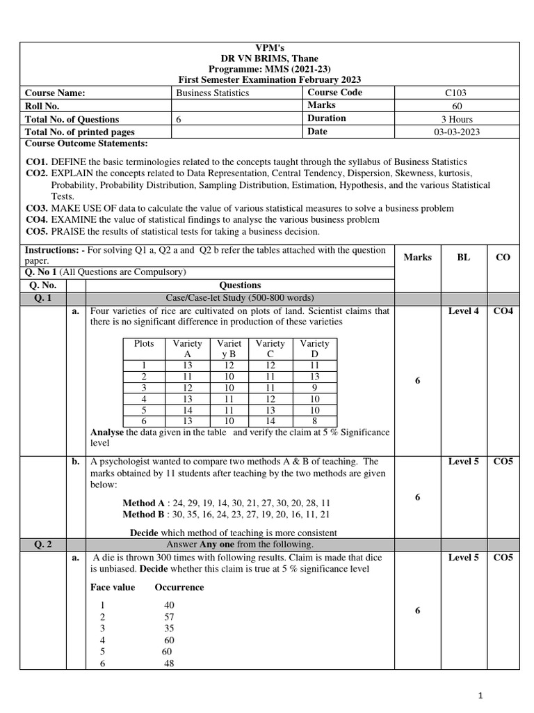 MMS 2022-24 QP Business Statistics.docx | PDF | Standard Deviation | Statistics