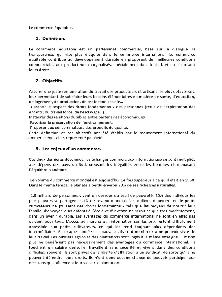 Définition et enjeux du commerce équitable | PDF | Commerce équitable ...