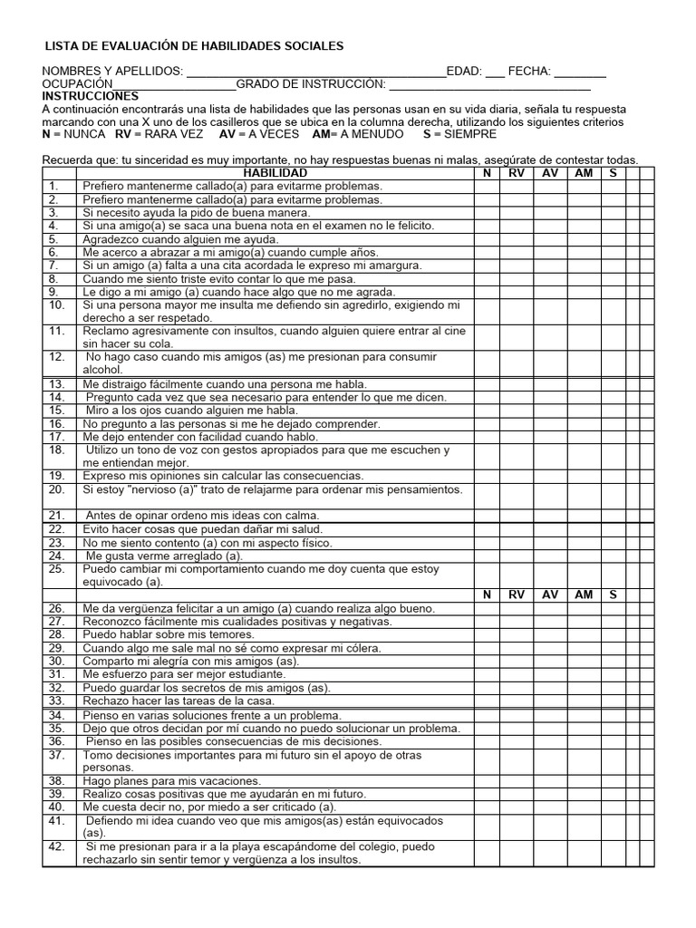 Lista de Evaluación de Habilidades Sociales | PDF