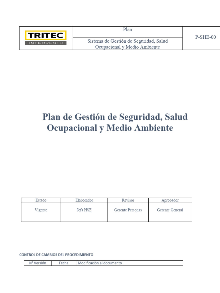 P-SHE-00 Plan de Gestión SHE | PDF | Seguridad y salud ocupacional ...