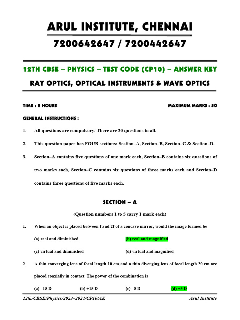Wave and Ray Optics Test Answer Key | PDF | Optics | Refraction