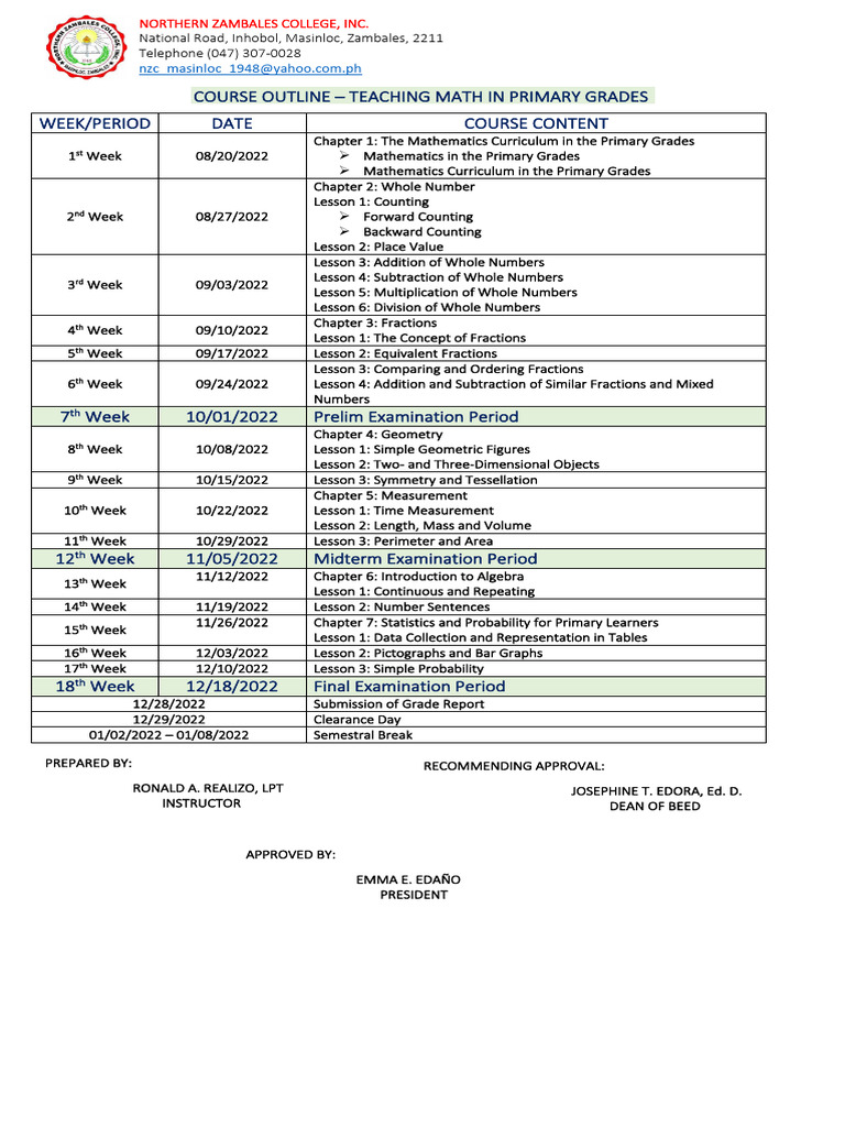 Course Outline Math in Primary Grades | PDF | Mathematics | Geometry