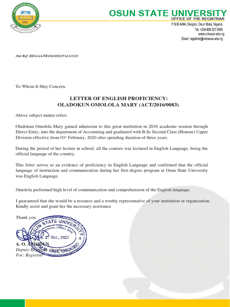 Letter of Proficiency in English1 | PDF