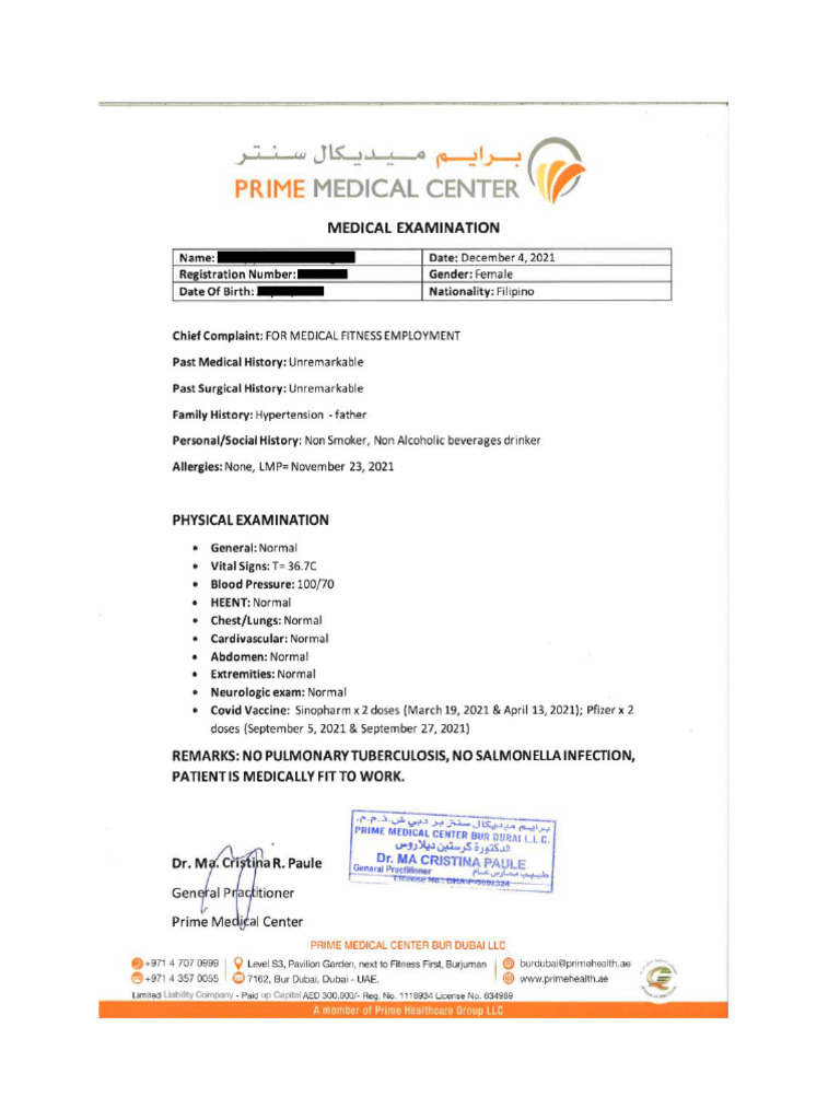 Medical Fit to Work - TB and salmonella Sample | PDF