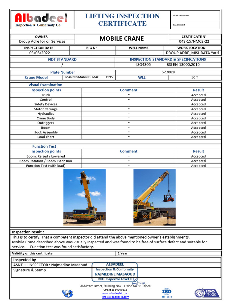Crane DEMAG Cert 03-08-2022 | PDF | Crane (Machine) | Vehicles