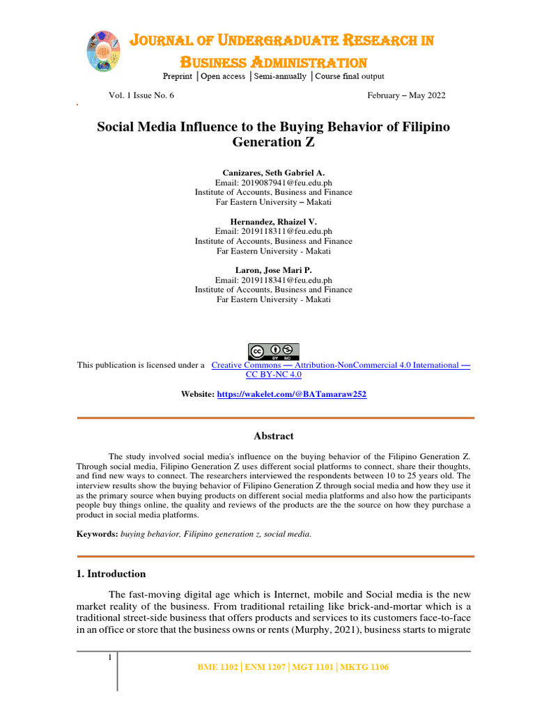 Social Media Influence To The Buying Behavior of Filipino Generation Z ...