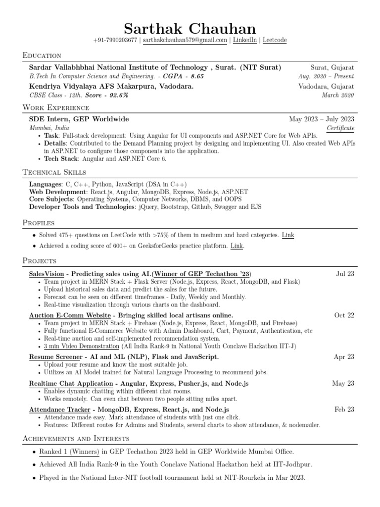 Resume Sarthak Chauhan | Download Free PDF | Software Engineering | Software