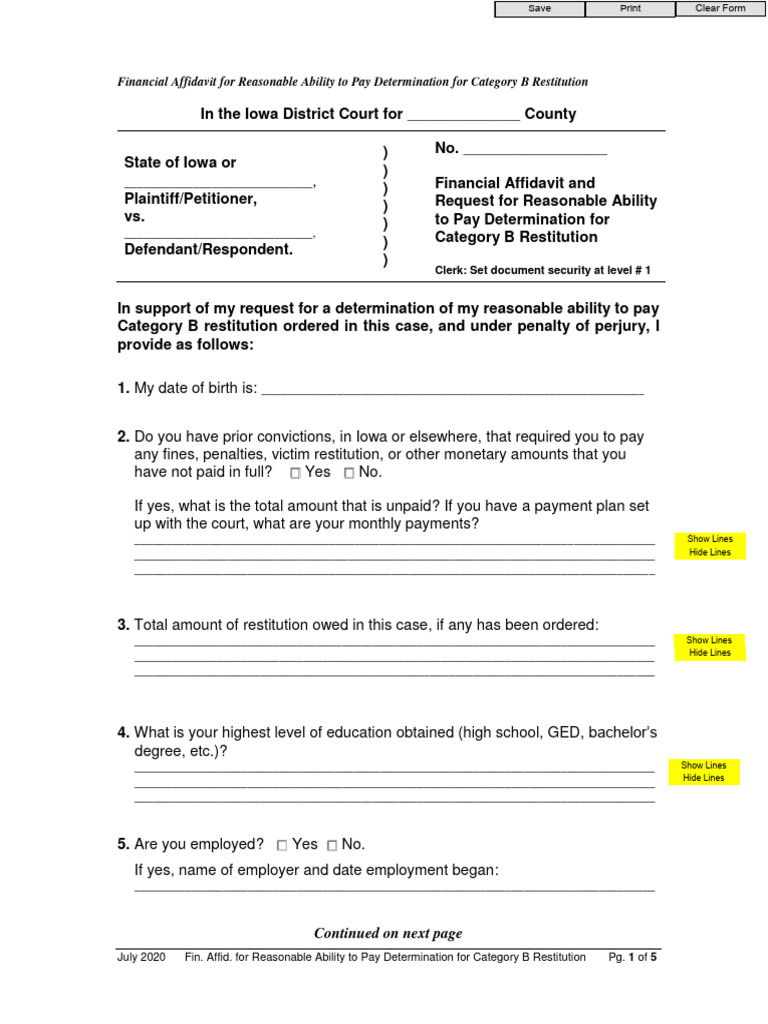 Iowa Financial Affidavit for Restitution | PDF | Debt | Mortgage Loan