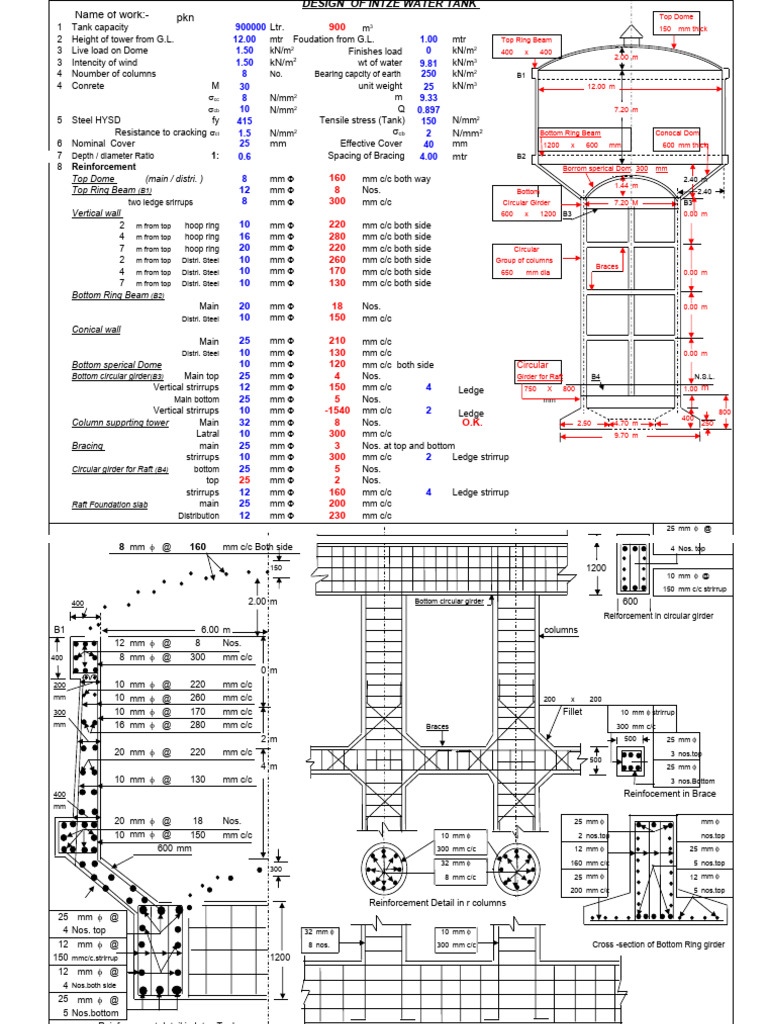 RCC Intze Water Tank Design 900KL D12 | PDF | Applied And ...