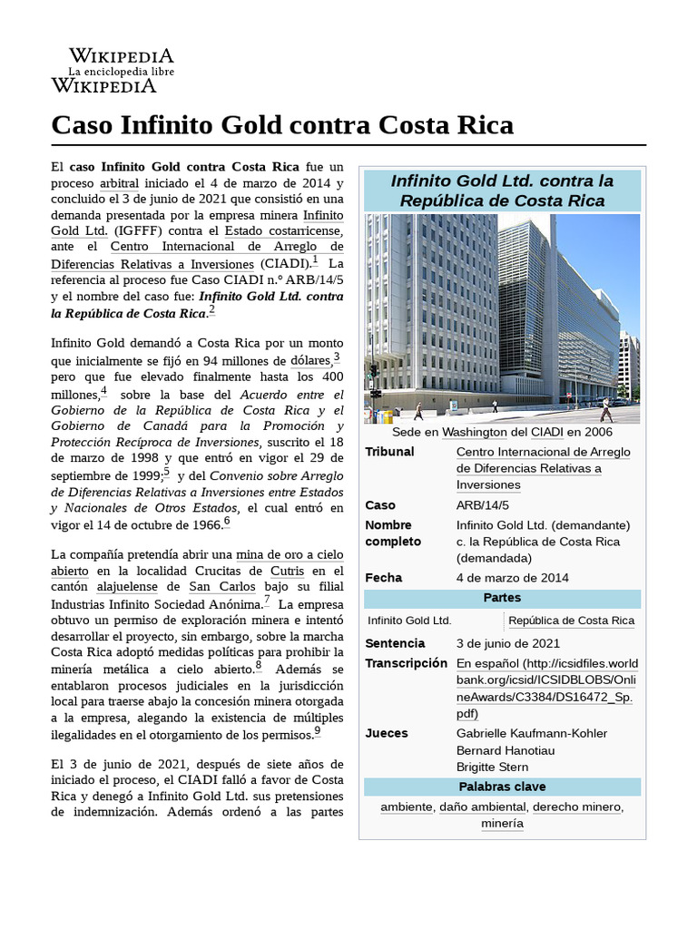 Wikipedia Caso Infinito Gold Contra Costa Rica | PDF | Minería | Sentencia (ley)