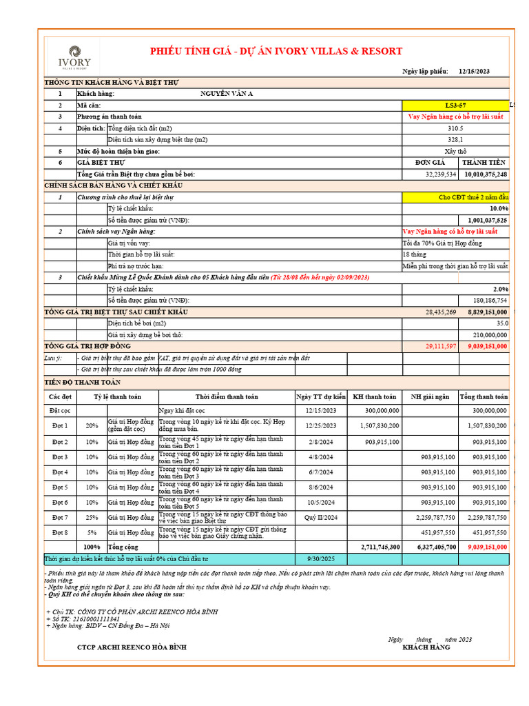 3108.2023 - IVR - PHIẾU TÍNH GIÁ TRẦN (Cập Nhật) | PDF