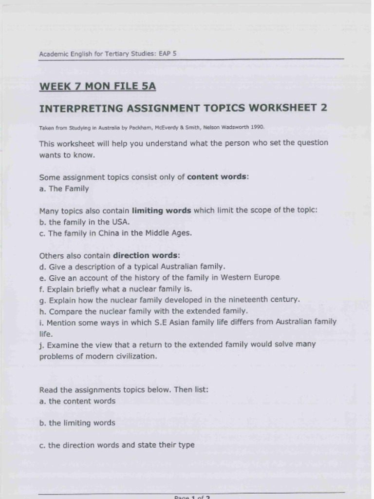 EAP5 Week 7 Mon F5a - Interpreting Assignment Topics Worksheet 2 | PDF