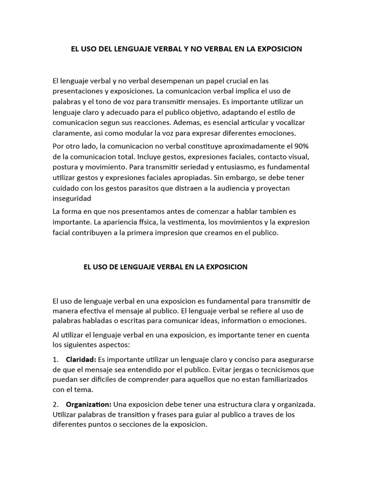 El Uso Del Lenguaje Verbal y No Verbal en La Exposicion | PDF | Comunicación | Comunicación no ...