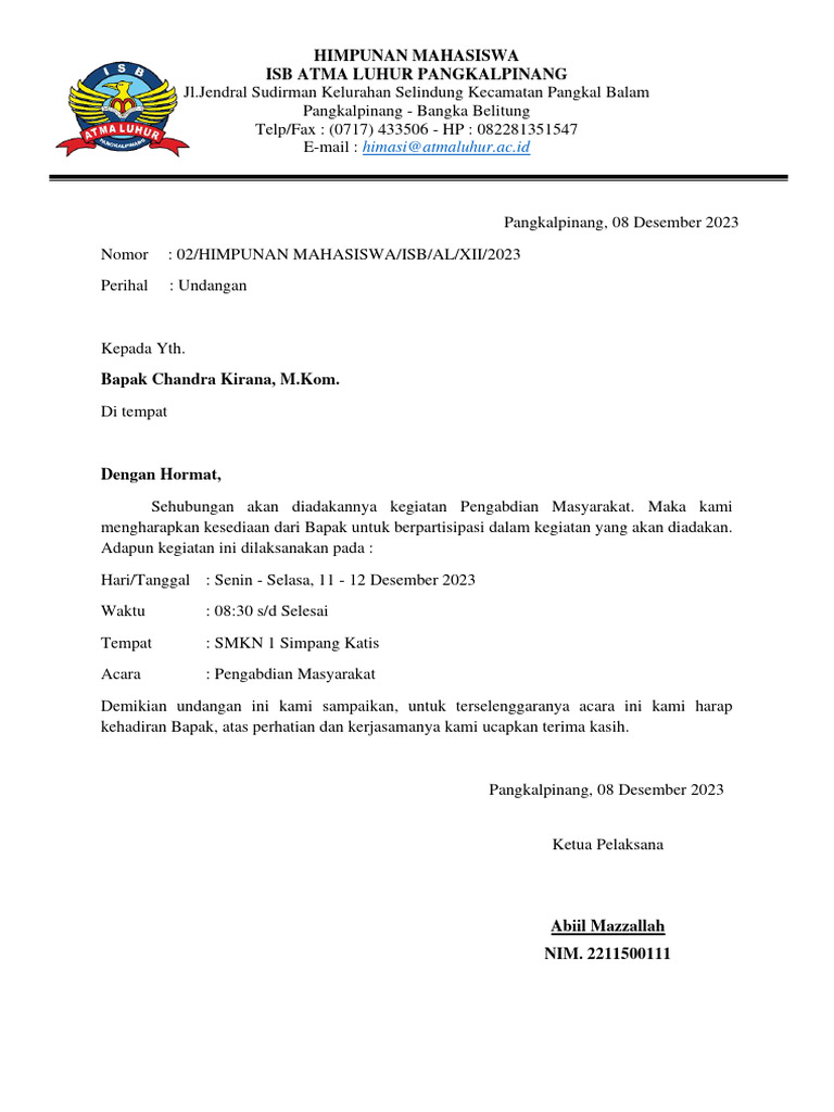 Surat Undangan Pengabdian Masyarakat Pak Chandra | PDF